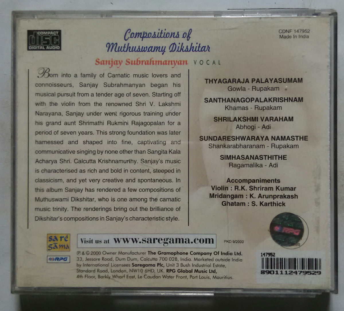 Compositions Of Muthuswamy Dikshidar - Sanjay Subrahmanyam Vocal ...