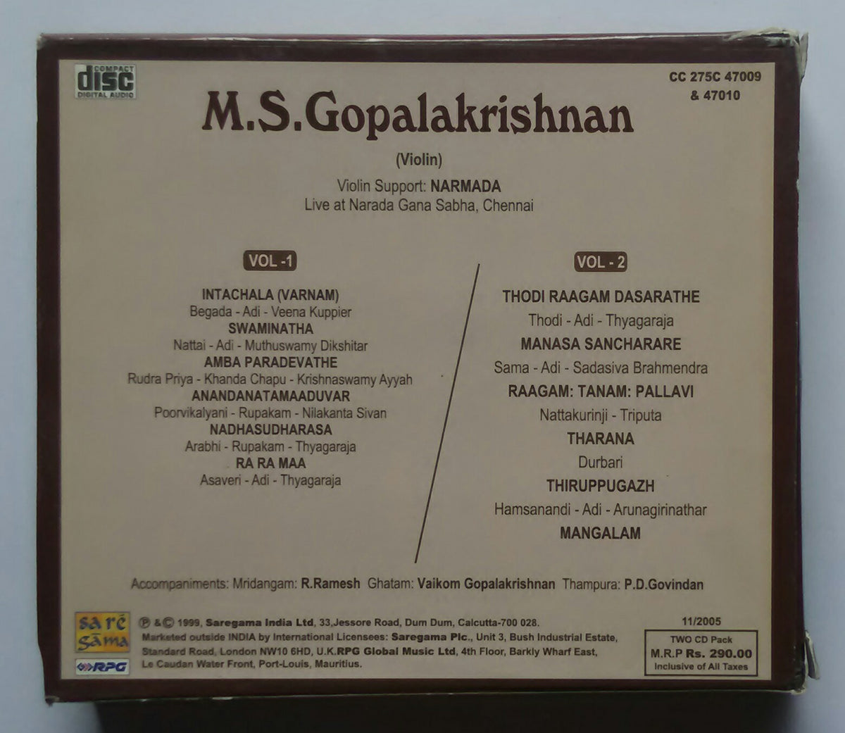 M. S. Gopalakrishnan " Violin " Vol :1&2 ( Live At Narada Gana Sabha ...